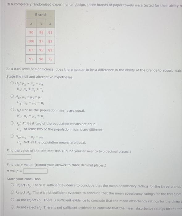 Solved 2⋅tanh=In a completely randomized experimental | Chegg.com