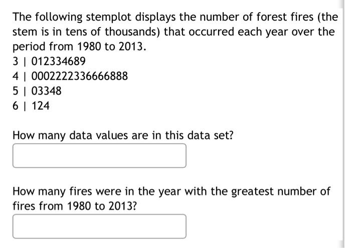 Solved The following stemplot displays the number of forest | Chegg.com