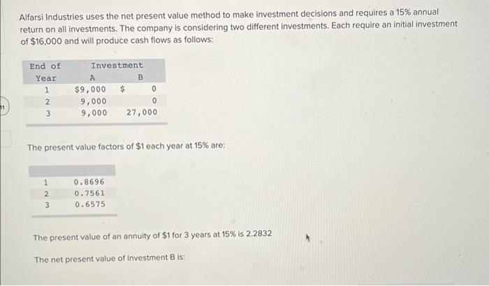 Solved Alfarsi Industries uses the net present value method | Chegg.com