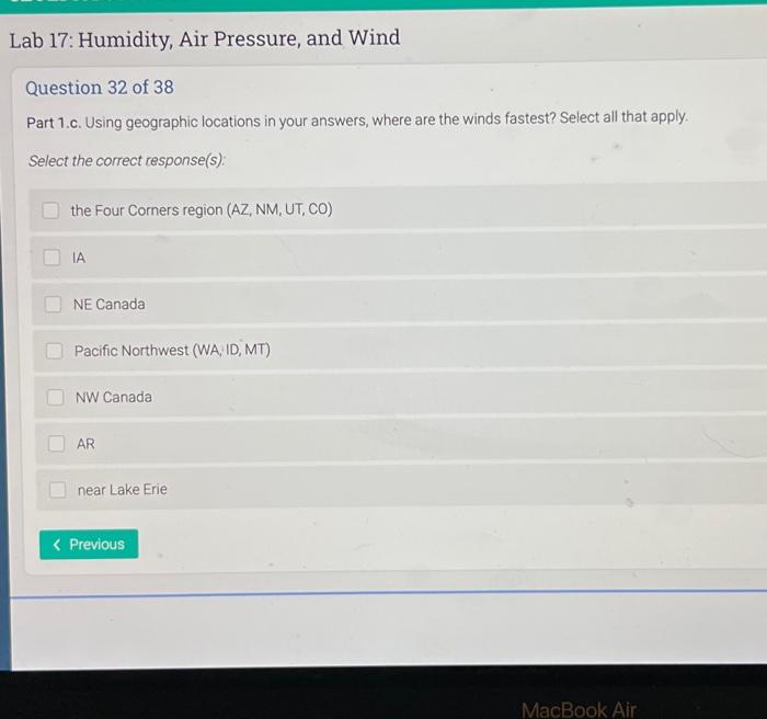 [Solved]: Lab 17: Humidity, Air Pressure, and Wind Question