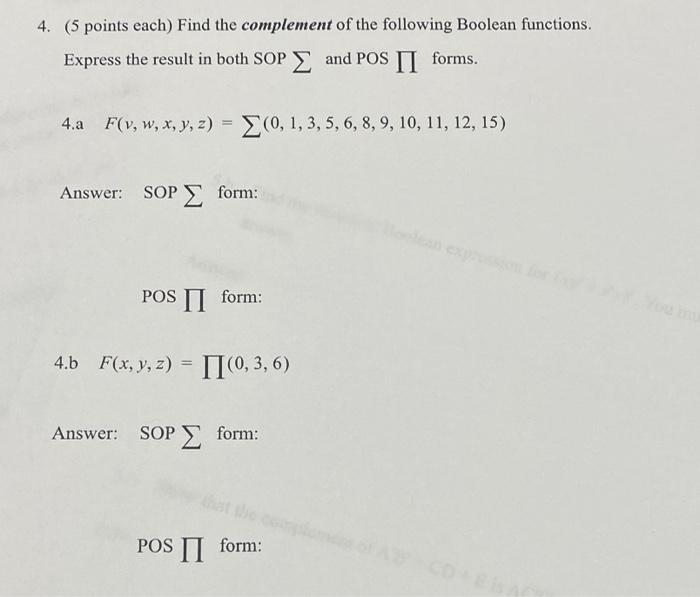 Solved 4. (5 points each) Find the complement of the | Chegg.com