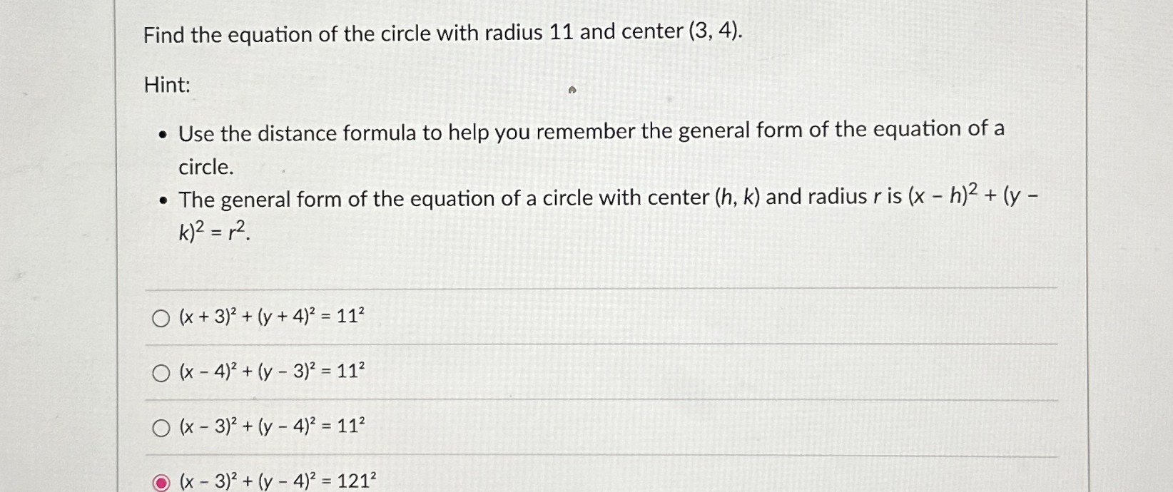 Solved Find the equation of the circle with radius 11 ﻿and | Chegg.com