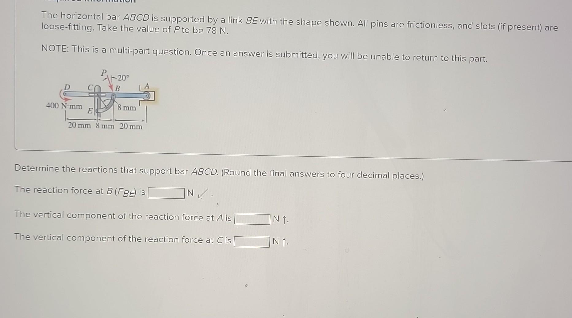 Solved The horizontal bar ABCD is supported by a link BE | Chegg.com