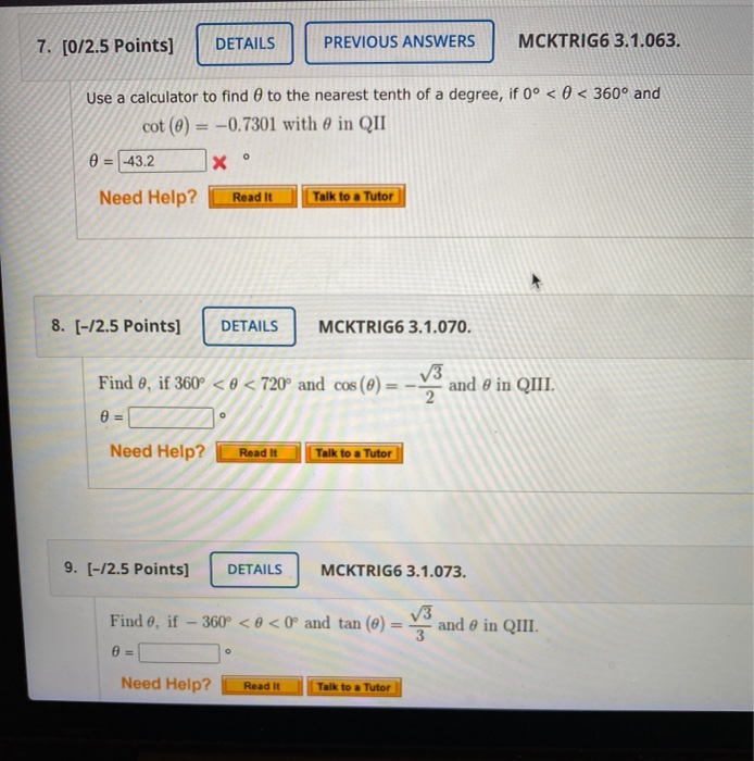 Solved 7. [0/2.5 Points] DETAILS PREVIOUS ANSWERS MCKTRIG6 | Chegg.com