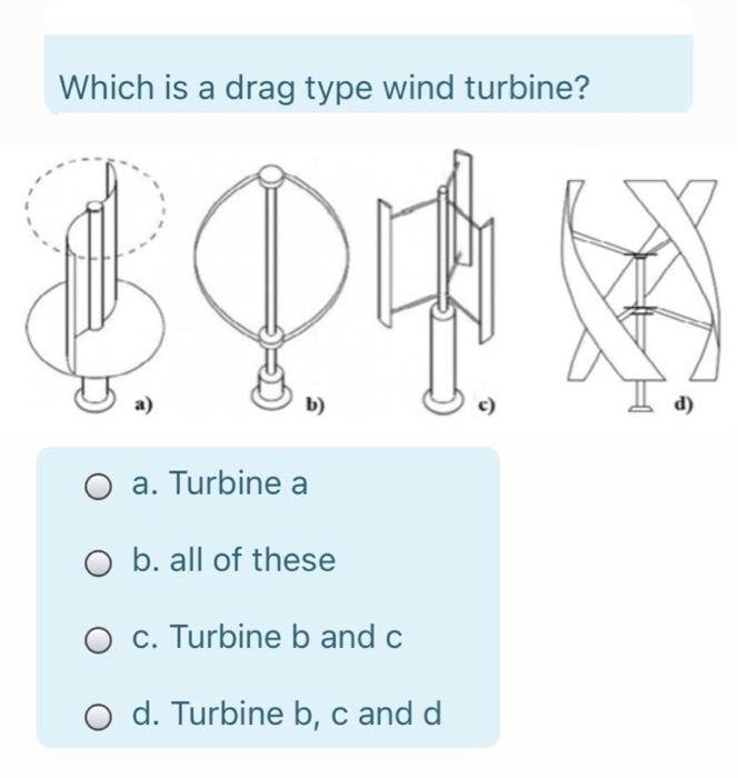 Solved Which is a drag type wind turbine? DE 4 b) a. Turbine | Chegg.com