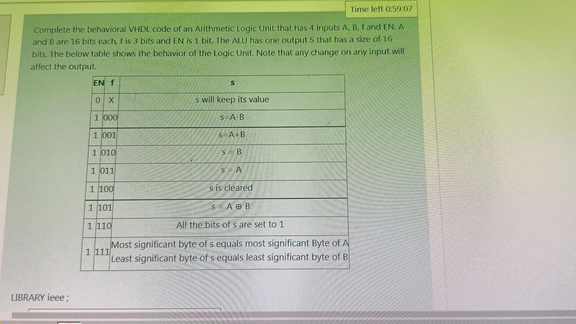 Solved Time left 0:59:07 Complete the behavioral VHDL code | Chegg.com