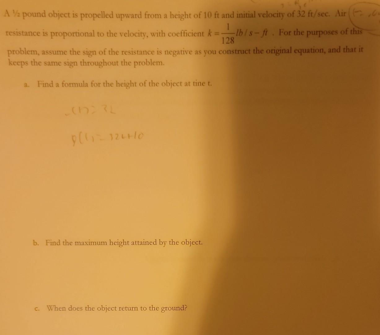 Solved A 1/2 pound object is propelled upward from a height | Chegg.com