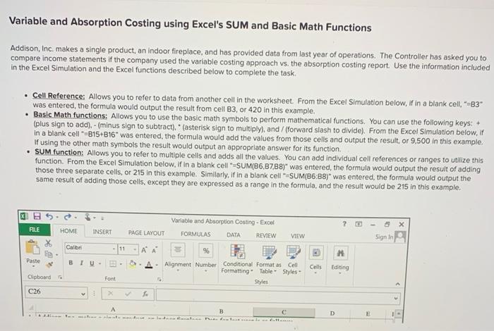 Solved Variable and Absorption Costing using Excel's SUM and | Chegg.com