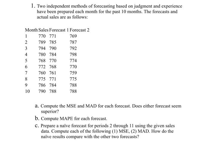 1. Two independent methods of forecasting based on | Chegg.com