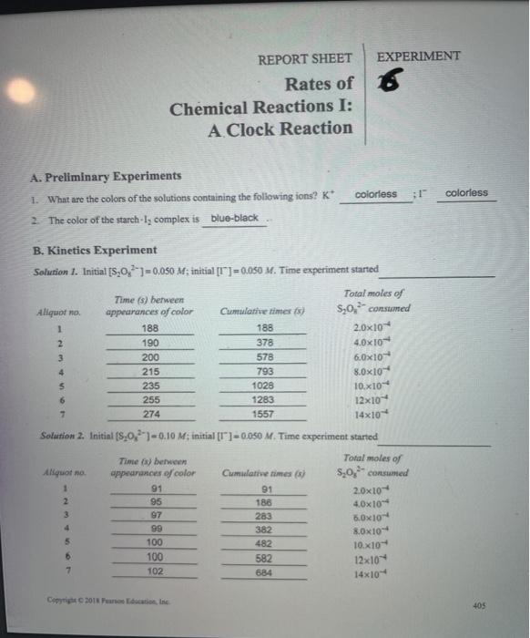 EXPERIMENT REPORT SHEET Rates of Chemical Reactions | Chegg.com