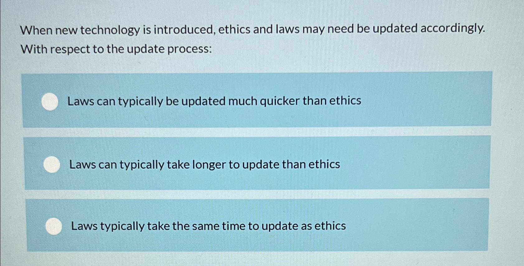Solved When new technology is introduced, ethics and laws | Chegg.com