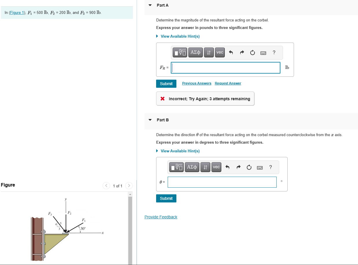 Solved Part Aln (Figure 1), F1=500lb,F2=200lb, ﻿and | Chegg.com
