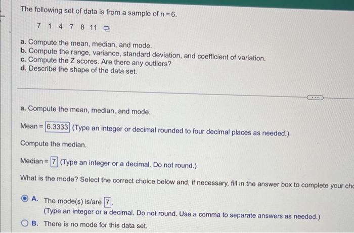 Solved The following set of data is from a sample of n=6. | Chegg.com
