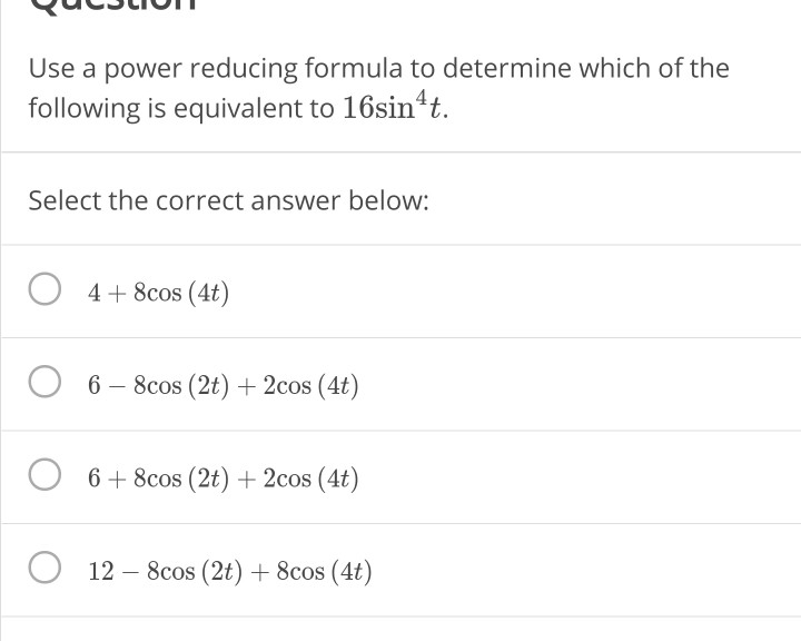 Solved Use a power reducing formula to determine which of | Chegg.com
