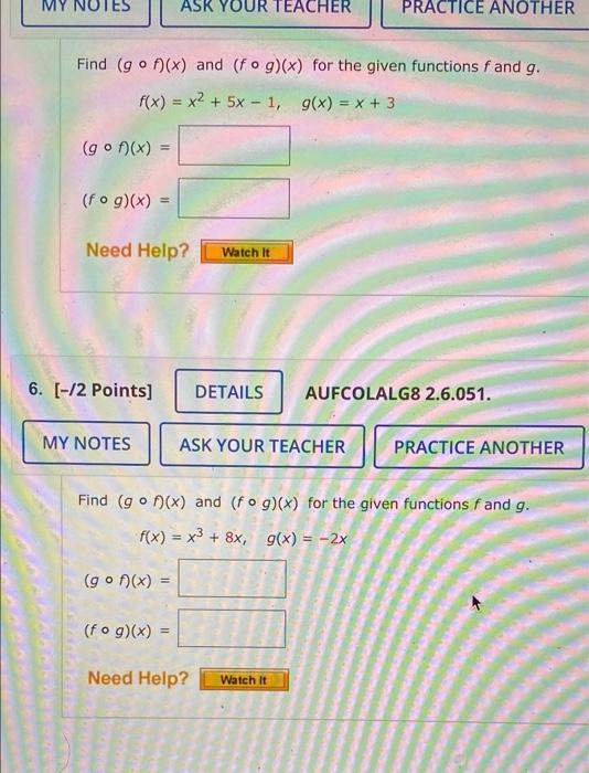 Solved MY NOTE (gof)(x) = Find (gof)(x) and (fog)(x) for the | Chegg.com