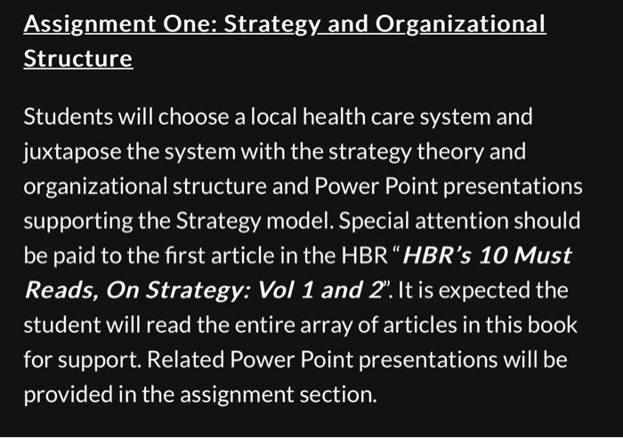 Solved Assignment One: Strategy and Organizational Structure | Chegg.com