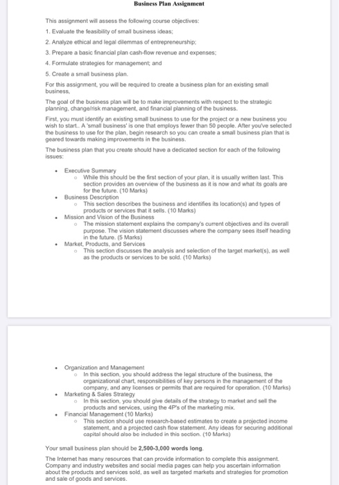 Solved Business Plan Assignment This assignment will assess | Chegg.com