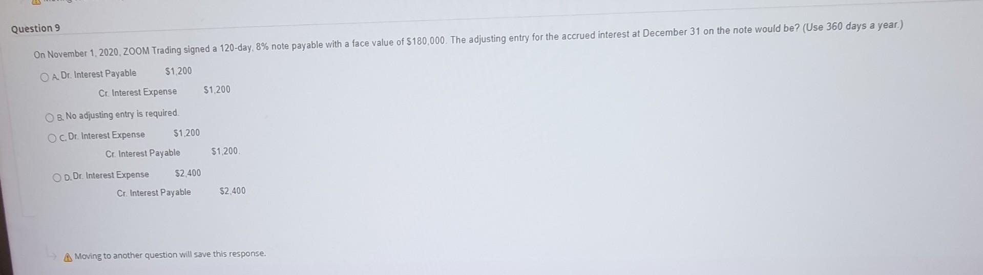 Solved A. Dr. Interest Payable $1,200 Cr. Interest Expense | Chegg.com