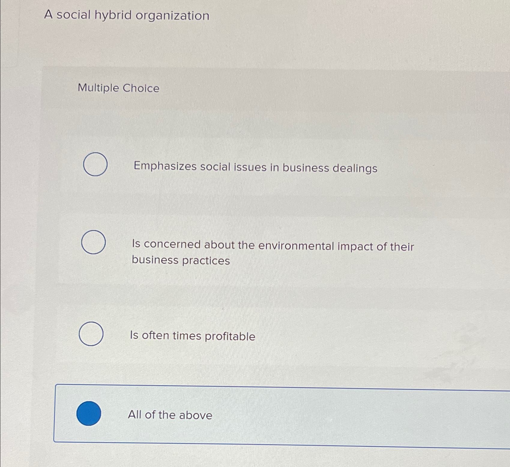 Solved A social hybrid organizationMultiple ChoiceEmphasizes | Chegg.com