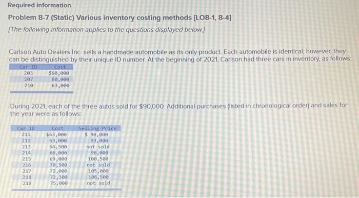 Solved Problem 8-7 (Static) Various inventory costing | Chegg.com