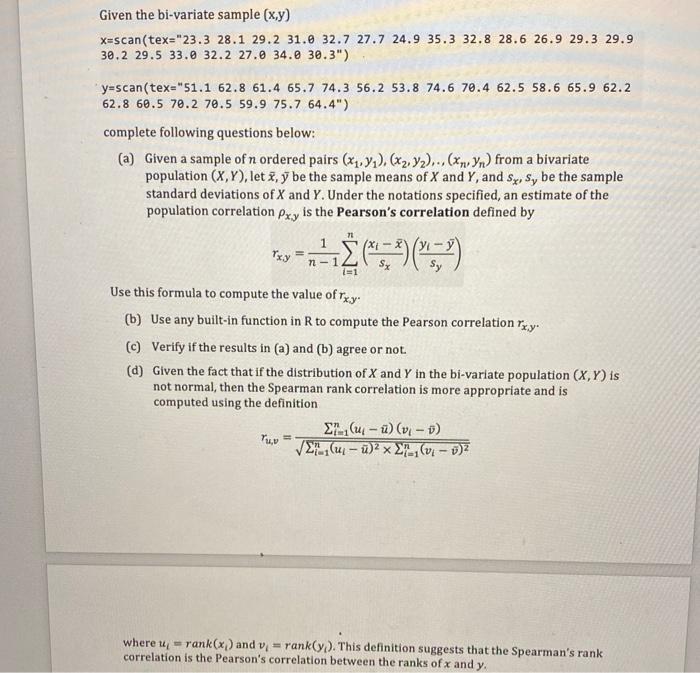 Solved Given the bi-variate sample (x,y) | Chegg.com