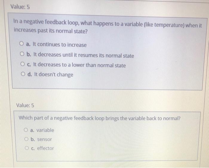 Solved Negative Feedback Loops The examples of homeostasis | Chegg.com