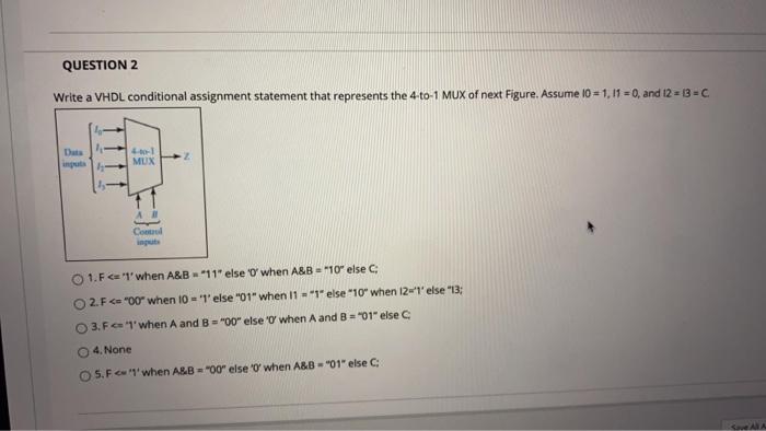 Solved QUESTION 2 Write a VHDL conditional assignment | Chegg.com