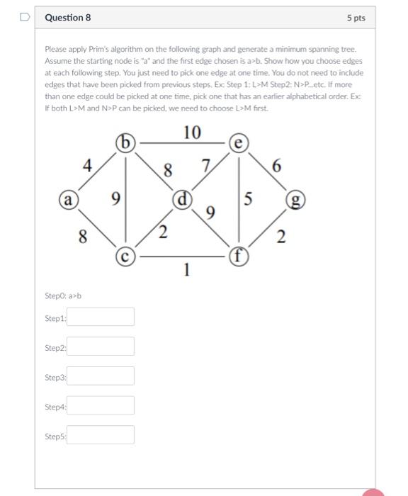 Solved Question 8 5 pts Please apply Prim's algorithm on the | Chegg.com