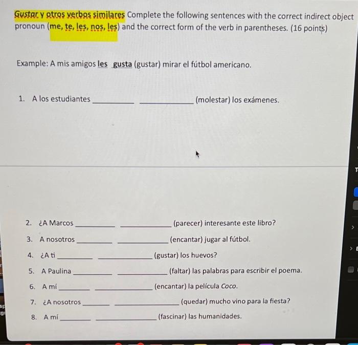 sp g₁ Gustar y otros verbos similares Complete the | Chegg.com