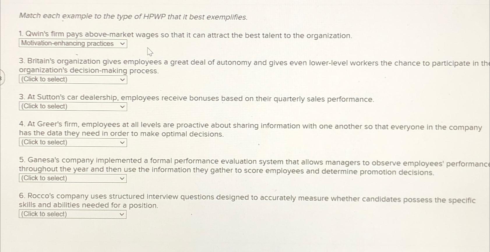 Solved Match each example to the type of HPWP that it best | Chegg.com