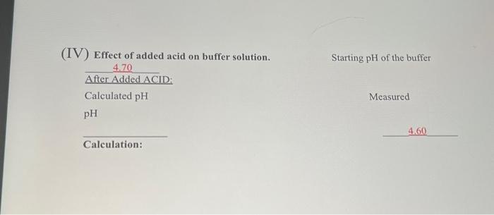Solved (IV) Effect of added acid on buffer solution. | Chegg.com