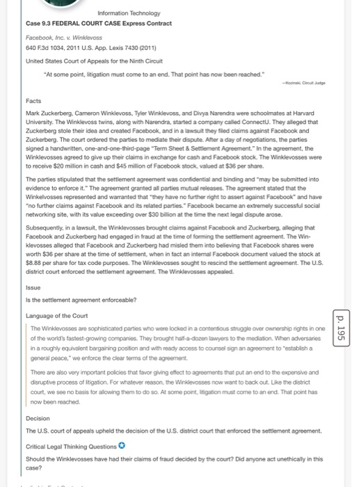 Solved Information Technology Case 9.3 FEDERAL COURT CASE | Chegg.com