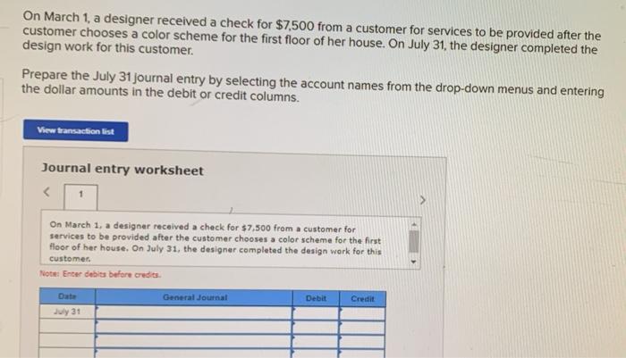 Solved On March 1, a designer received a check for $7,500 | Chegg.com