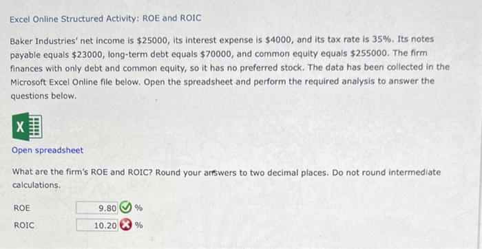 Solved Excel Online Structured Activity: ROE and ROIC Baker | Chegg.com