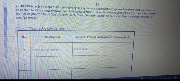 Solved 2) The PDCA cycle (7 steps to Problem Solving) is a | Chegg.com
