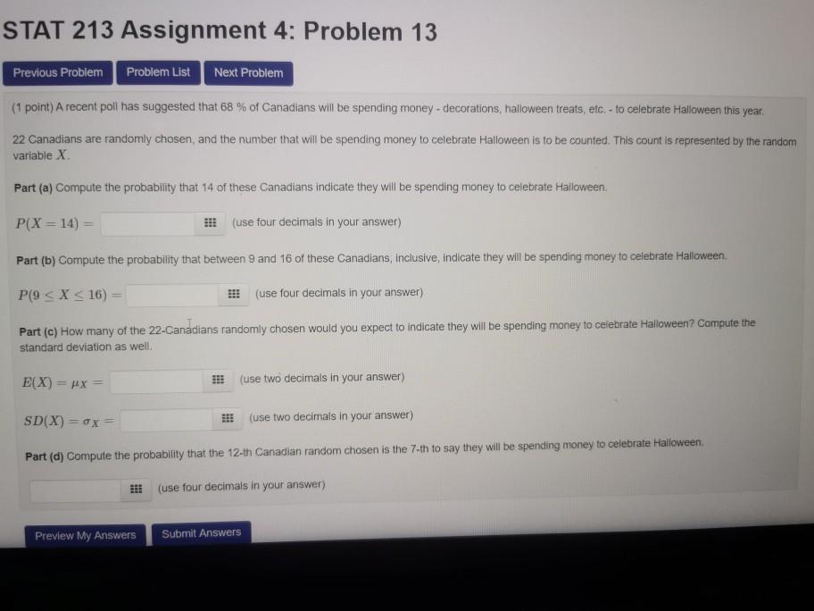 Solved Stat 213 Assignment 4 Problem 13 Previous Problem 