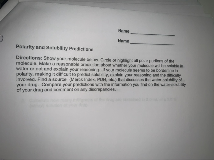 Solved Name Name Polarity and Solubility Predictions | Chegg.com Solved Name Name Polarity and Solubility Predictions | Chegg.com