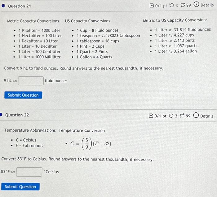 Solved Metric Capacity Conversions Metric to US Capacity | Chegg.com
