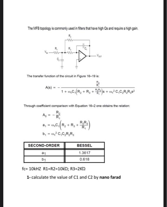 Solved The MFB topology is commonly used in fiters that have | Chegg.com