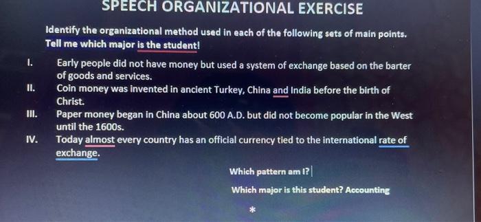 SPEECH ORGANIZATIONAL EXERCISE Identify the | Chegg.com