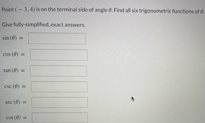 Solved Point (−3,4) is on the terminal side of angle θ. Find | Chegg.com