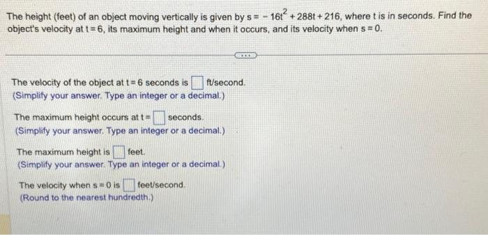 Solved The height (feet) of an object moving vertically is | Chegg.com