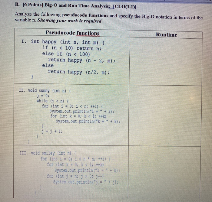 Solved B. [6 Points) Big-O and Run Time Analysis: [CLO(1.1)] | Chegg.com