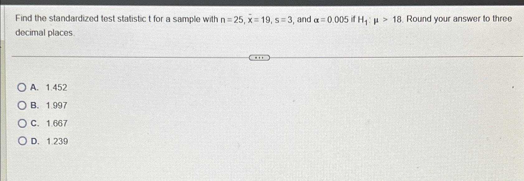 Solved Find the standardized test statistic t ﻿for a sample | Chegg.com