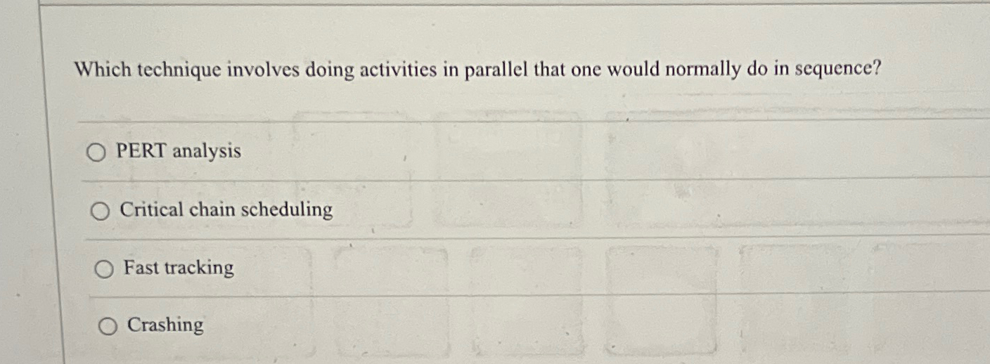 Solved Which technique involves doing activities in parallel | Chegg.com