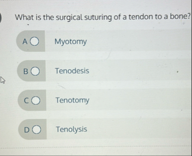 Solved What is the surgical suturing of a tendon to a bone?A | Chegg.com
