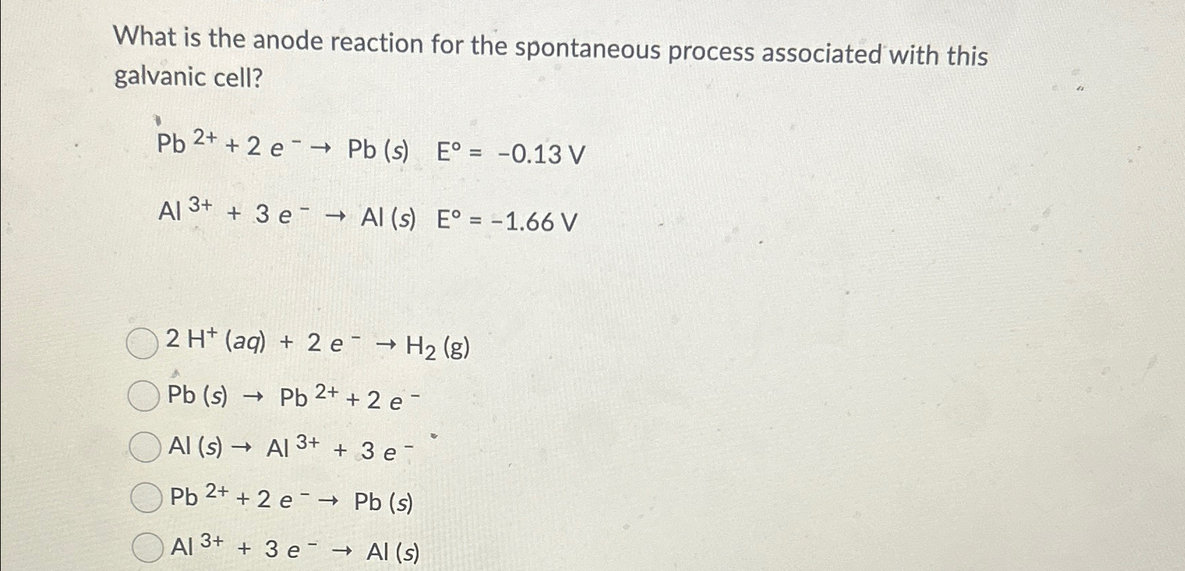Solved What is the anode reaction for the spontaneous | Chegg.com