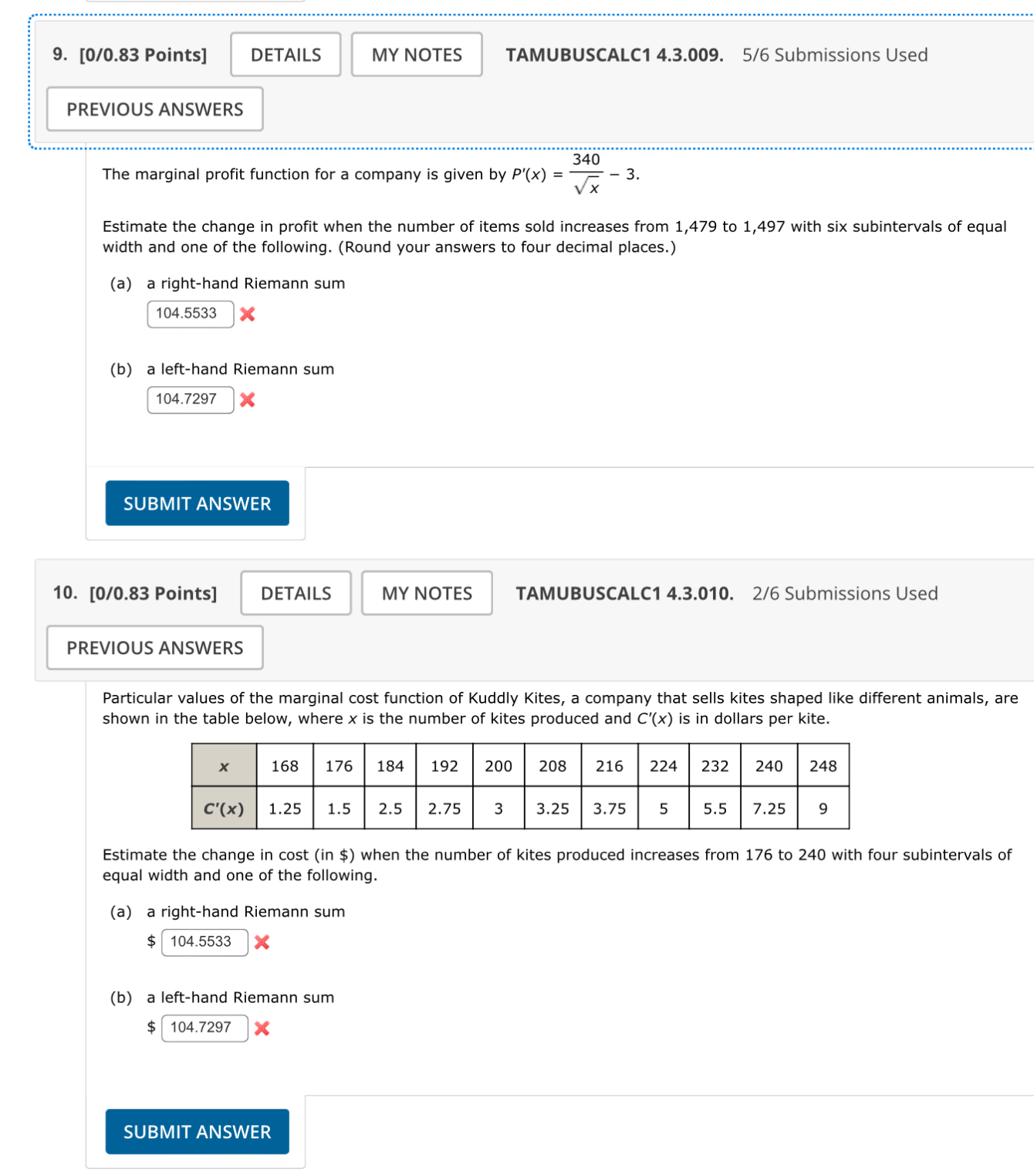 Solved 9. [0/0.83 ﻿Points] ﻿TAMUBUSCALC1 4.3.009. 5/6 | Chegg.com