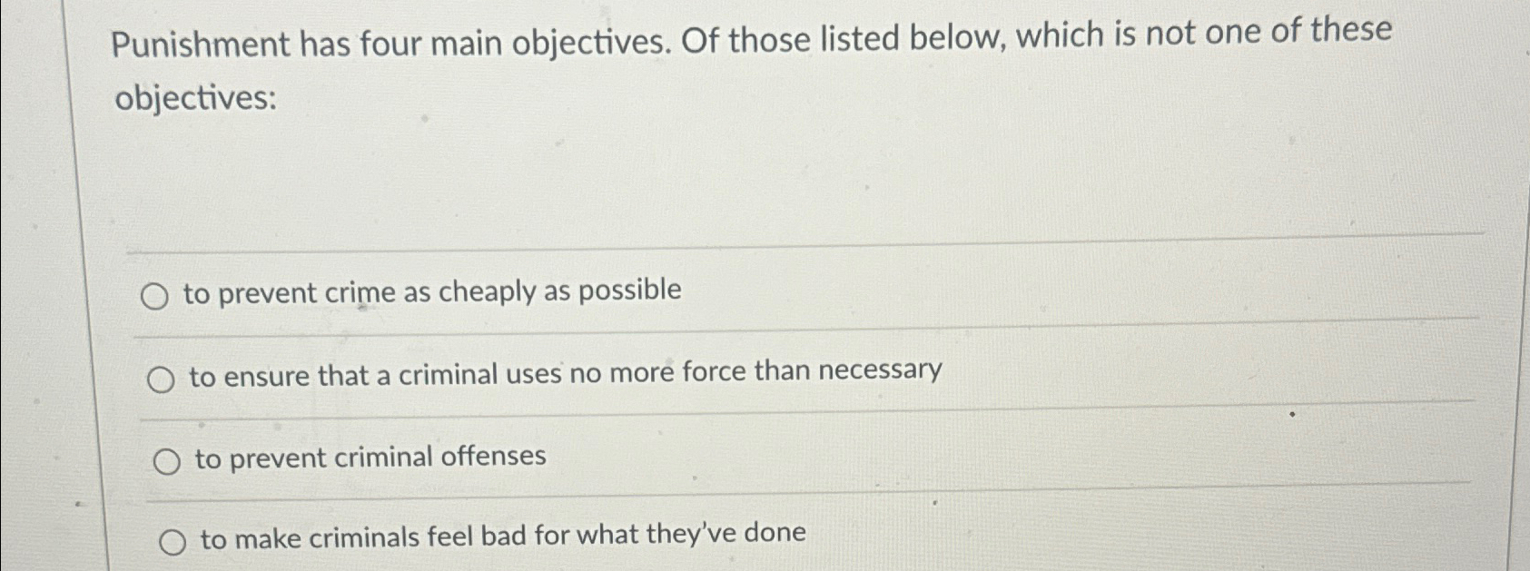 Solved Punishment has four main objectives. Of those listed | Chegg.com