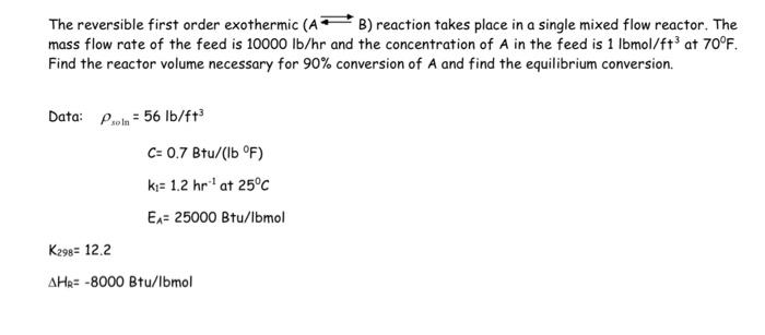 Solved The reversible first order exothermic (A B) reaction | Chegg.com